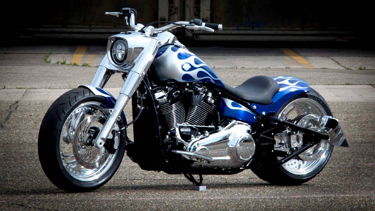 The Flamin' Blue Is A Shimmering Harley-Davidson Fat Boy Wrapped In Flames